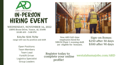 Hiring Event: ARD Logistics looking to grow their workforce in Tuscaloosa
